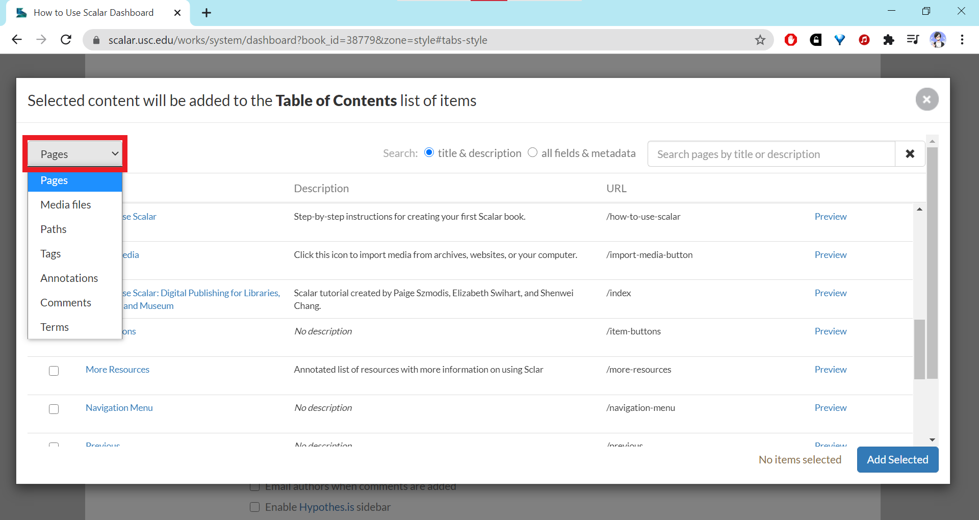 Screenshot of Table of Contents selection window drop-down
