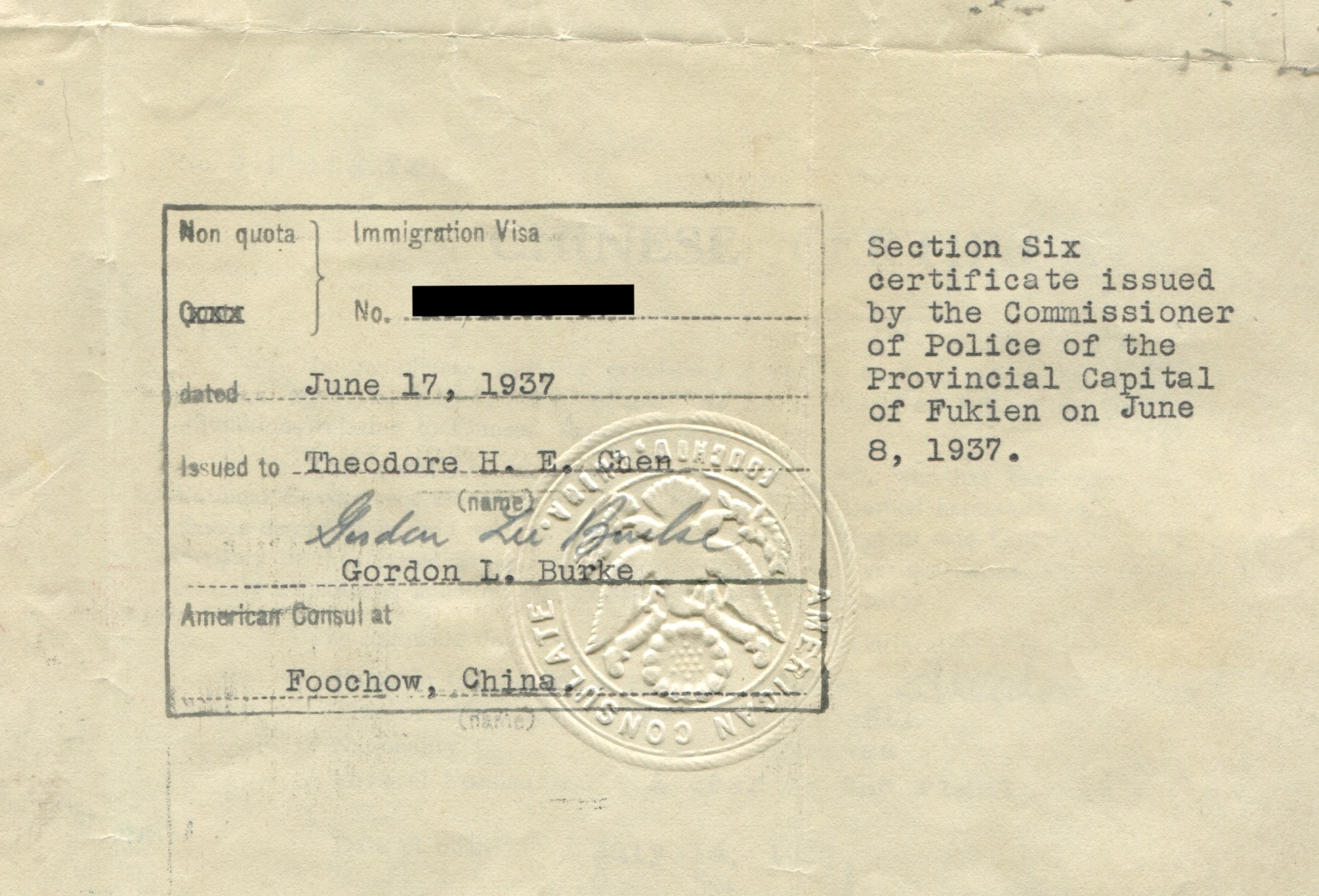 Dr. Chen's immigration visa to the United States, issued in 1937