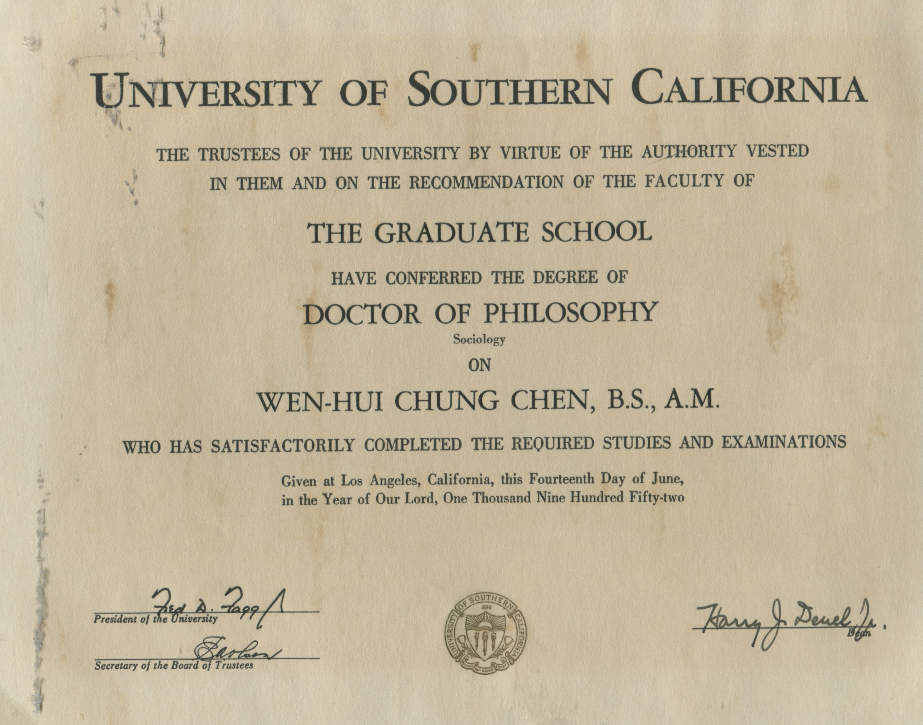 Wen-hui Chen's Doctoral Degree in Sociology from USC, 1952
