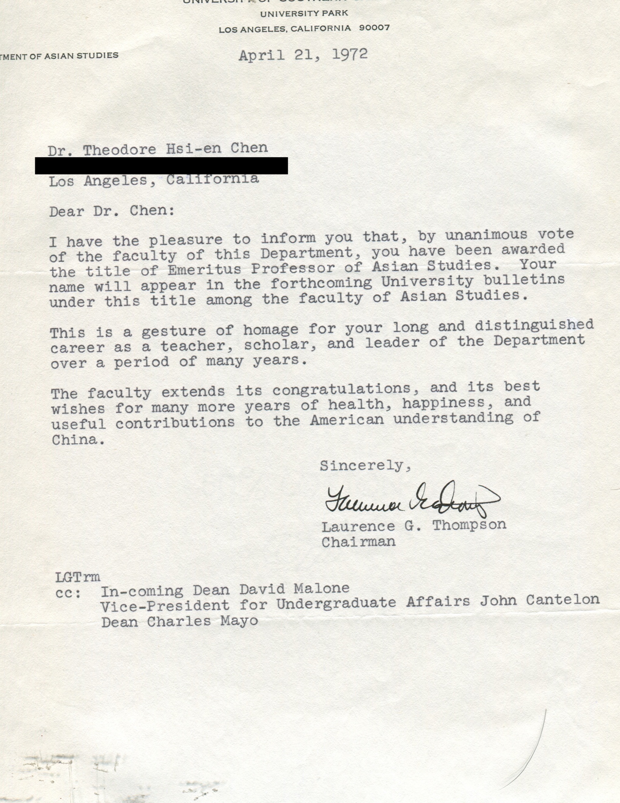 Letter from the Dean of College of Letters, Arts, and Sciences ...